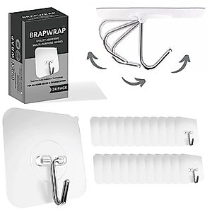 BrapWrap Adhesive Hooks, 24 Pack, Self Adhesive Transparent Waterproof Sticky Hooks, Heavy Duty Self Adhesive Hooks Stick on Bathroom Kitchen Office Outdoors, Transparent Sticky Hooks for Hanging