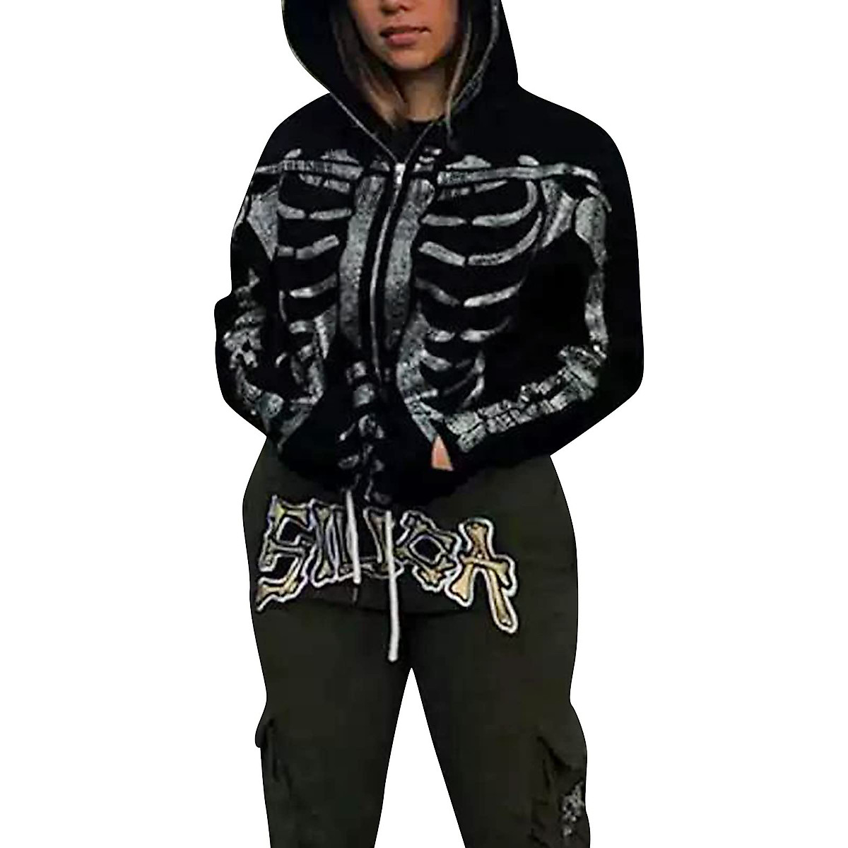 Kaipiclos Mens Womens Zip Up Hoodies Oversized Rhinestone Skeleton Hoodie Sweatshirt Jacket 90s Harajuku Halloween Streetwear
