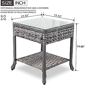 Generic Wicker Patio Side Table with Top - Multipurpose Outdoor End Table for Balcony, Porch, and Backyard Settings with 2-Tier Storage Shelf (Glass Top), Grey, BZ001