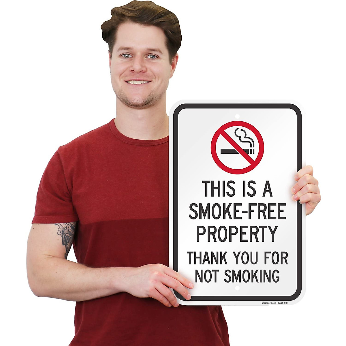 SmartSign 18 x 12 inch “This Is A Smoke-Free Property, Thank You For Not Smoking” Metal Sign, 63 mil Laminated Rustproof Aluminum, Red, Black and White, Made in USA