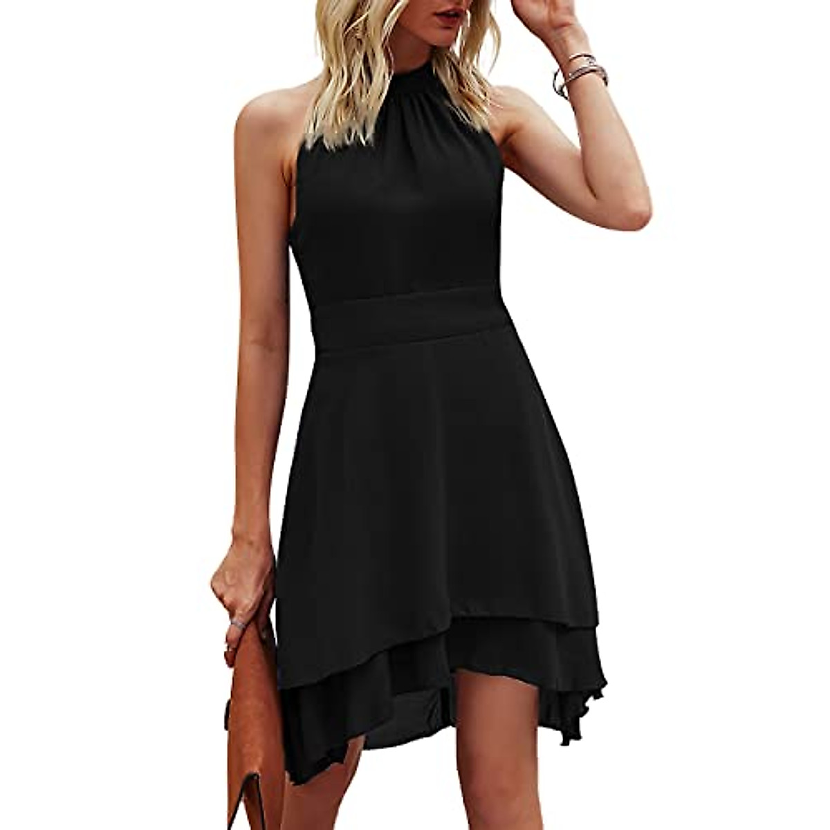 LYANER Women's Halter Sleeveless Pleated Layer Ruffle Hem Elegant Workwear Mini Dress Solid Black Medium