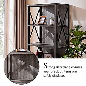 AMERLIFE 4-Tier Bookshelf, Tall Industrial Book Shelf, Rustic Wood & Metal X Frame Farmhouse Bookcase & Bookshelves for Living Room, Bedroom, Grey Wash, 64'', (bookshelf21B)