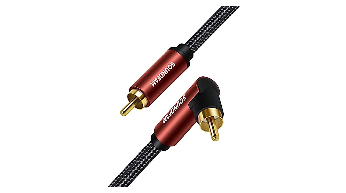 SOUNDFAM 90 Degree RCA Subwoofer Cable - 10ft Right Angle Audio