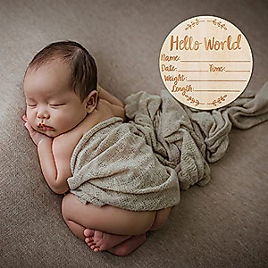 Wooden Baby Announcement Sign, 5.9 Inch Round New Baby Sign Hello World Newborn Welcome Sign for Hospital Photo Prop Baby Shower New Parents (Style 2)