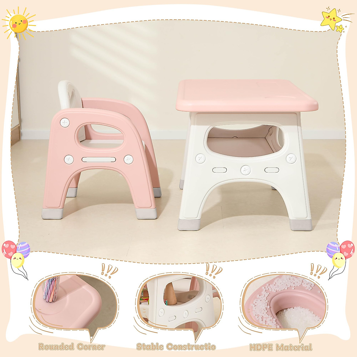 SINKIPA Kids Table and 2 Chairs Set, Toddler Activity Table Set with Storage Shelf, Toddlers Table and Chairs Set with Anti-Slip Foot Covers, Tables for Reading, Drawing, Eating, Playing