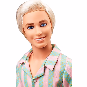 Barbie The Movie Ken Doll Wearing Pastel Pink and Green Striped Beach Matching Set with Surfboard and White Sneakers