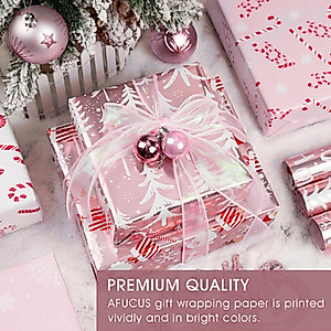 Afucus Reversible Pink Christmas Wrapping Paper, Christmas Tree, Joy Candy Cane, Snowflake, Reindeer, and HO Santa Laughter Themed Gift Wrap Paper, Mini Rolls for Christmas (17 Inch X 120 Inch)