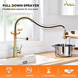 VIDEC Smart Kitchen Faucet, 3 Modes Pull Down Sprayer, Smart Touch On Sensor Activated, LED Temperature Control, 360-Degree Rotation, 1 or 3 Hole Deck Plate. (KW-66J, Brushed Gold, 17.90 Inches)