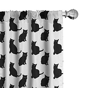 Ambesonne Cat Curtains, Black Cat on White Backdrop Playful Friendly Animals Posing Domestic Pets, Window Treatments 2 Panel Set for Living Room Bedroom, Pair of - 28" x 63", Black White