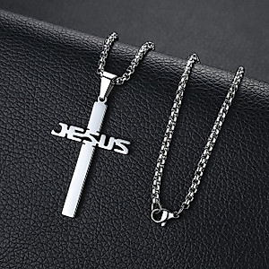 REVEMCN Stainless Steel Jesus Cross Pendant Necklace for Men Women 20-24 Inches Rolo Chain Christian Gifts for Men Faith