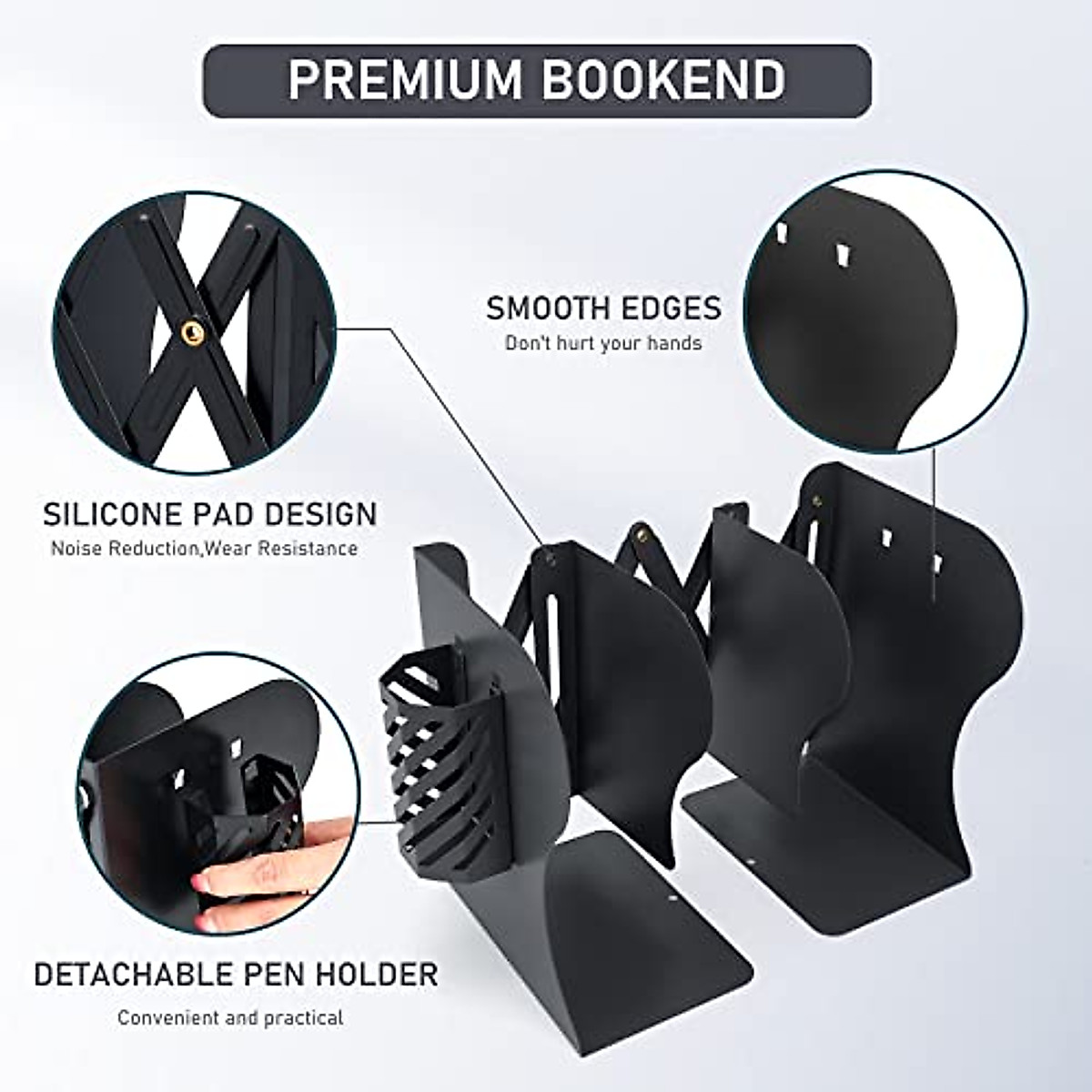 Adjustable Book Ends, Hmseng Metal Bookends Book Holders for Shelves, Desk Magazine File Organizer Holder for Office, Books, Papers, Extends up to 19 inches.Scratch-Resistant Hand Coating-Black