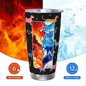 Groamaup 20oz Dachshund Puppy Dog Stainless Steel Insulated Tumbler with Lid and 3pcs Straw Sets, Black Cartoon Car Cup for Cold and Hot Drinks, Coffee Mug for Travel Office and Home Use