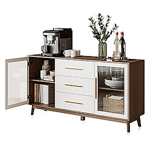 BELLEZE Sideboard Buffet Cabinet with 3 Drawers & 2 Doors, Console Table for Kitchen Glass Storage Cabinet Coffee Bar Accent Cabinet for Living Room Dining Room Hallway, White