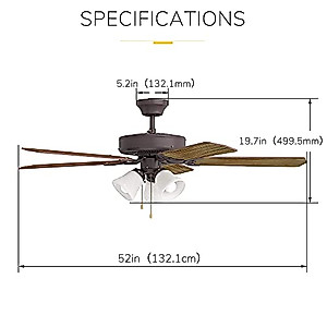 Inlight 52 Inch Indoor Ceiling Fan with 3 Lights and Pull Chain Control, Home Decor Ceiling Fan, Oil Rubber Bronze Reversible Motor, 5 Blades Low Profile Ceiling fan for Bedroom, 120V, IN-0702-2-BZ