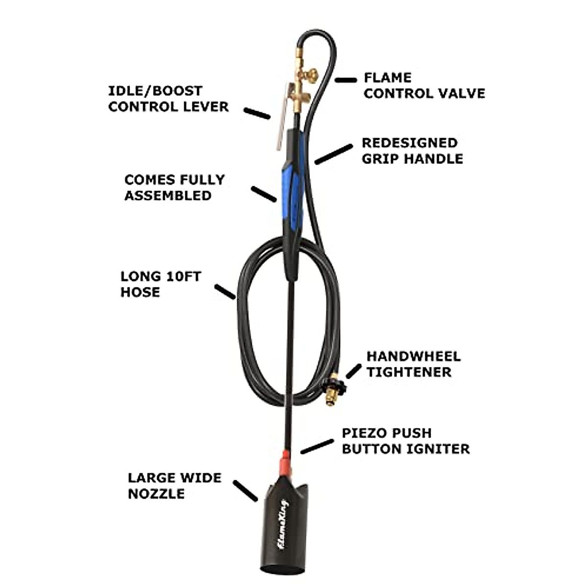 Flame King Propane Torch Kit Heavy Duty Weed Burner, 500,000 BTU with Push Button Piezo Ignitor (Self Igniting) , with 10-Ft Hose Regulator Assembly