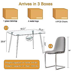AZmac Glass Dining Table Set for 4,51" Dinner Table Set,5 PCS Dining Room Table Set with Soft Dining Chairs, Kitchen Table with Rectangle Tempered Glass and Silver Metal Legs