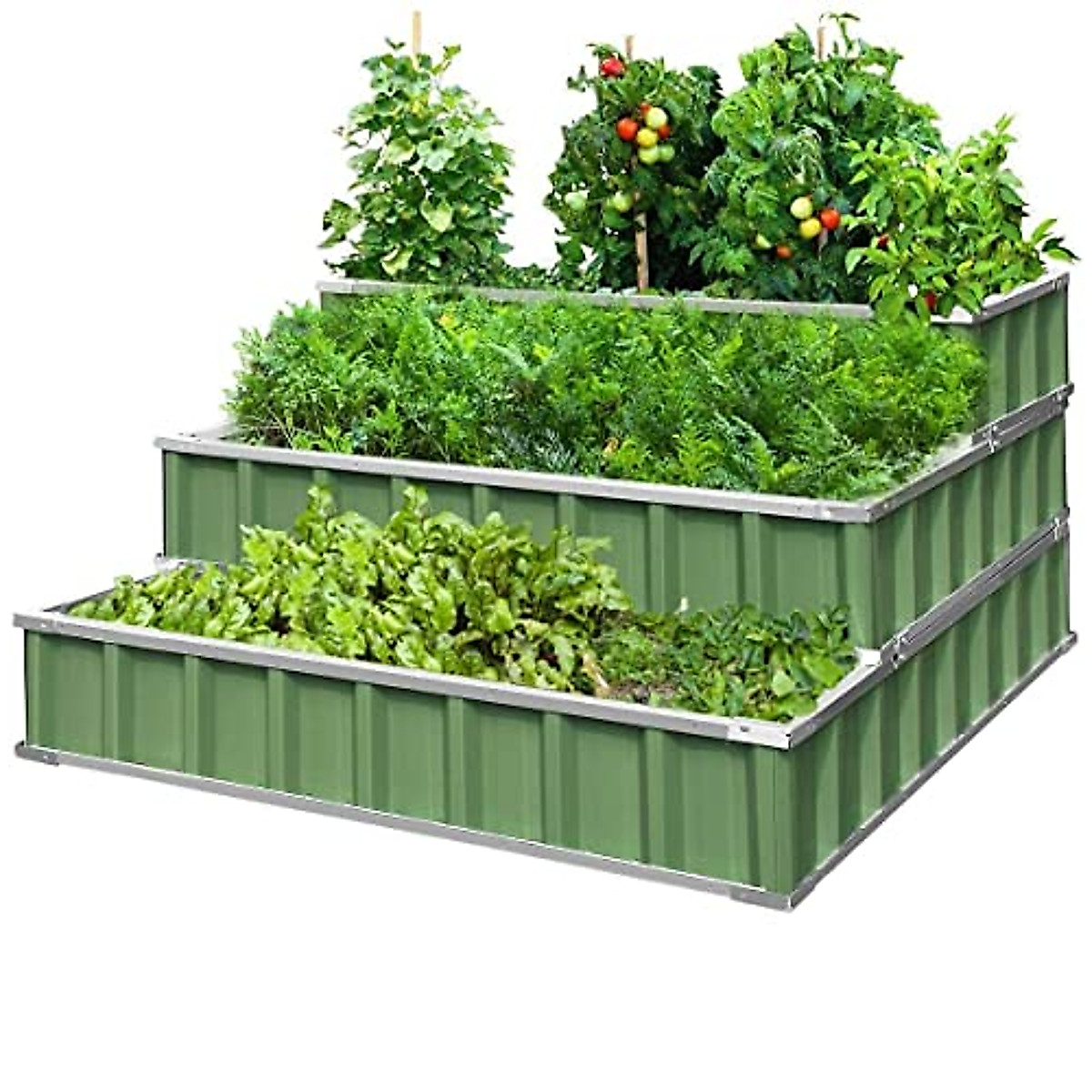KING BIRD 3 Tiers Raised Garden Bed Dismountable Frame Galvanized Steel Metal Patio Garden Elevated Planter Box 46’’x46’’x23.6’’ for Growing Vegetables Flower (Green)