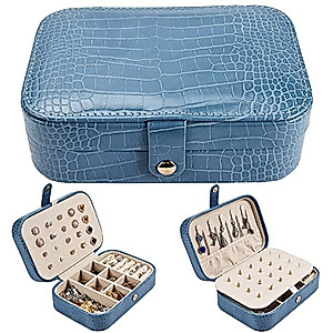 Dajasan Mini Jewelry Travel Case, Portable Travel Jewelry Box, Small Leather Jewelry Organizer Box for Earrings Bracelets Rings Necklace (Blue)
