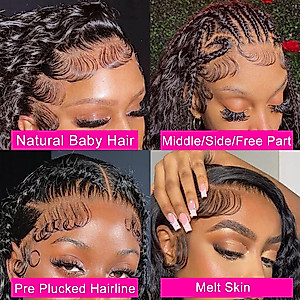 Hswpawk 13x6 Deep Wave Lace Front Wigs Human Hair HD Transparent Lace Front Wigs Human Hair Pre Plucked 180% Density Glueless Wigs Human Hair with Baby Hair Deep Curly Wigs for Women Natural Color 24