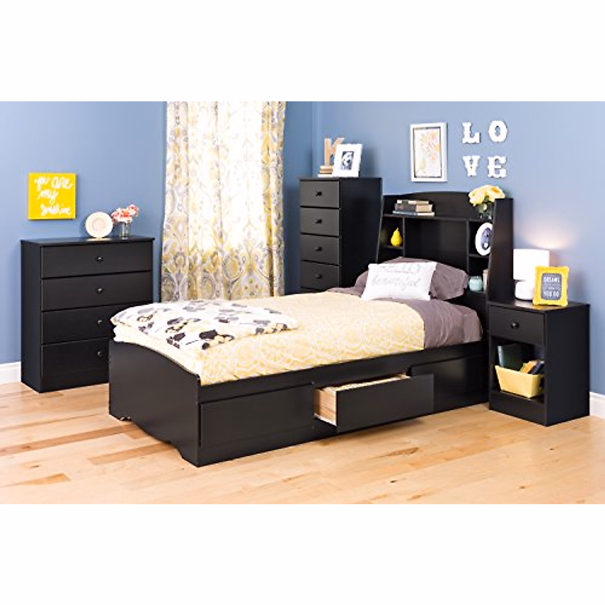 Prepac Mate's Platform Storage Bed with 3 Drawers, Twin, Black & Astrid Twin Headboard, Black