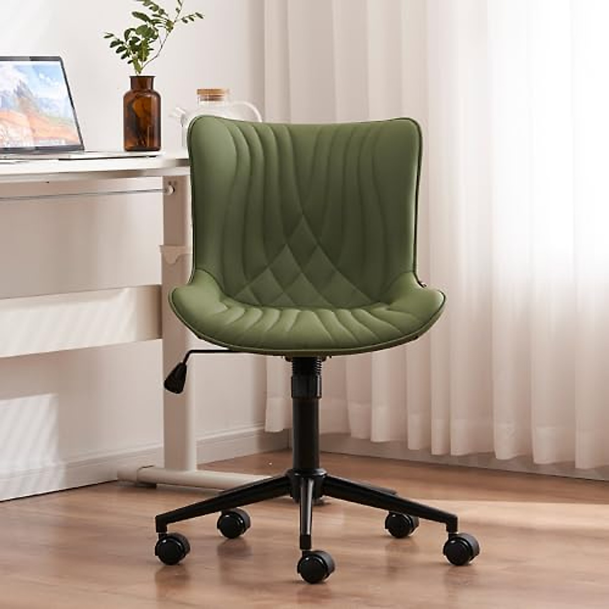 YOUTASTE Office Chair Armless Desk Chair Small Computer Swivel Rolling Chair with Wheels, Modern Upholstered PU Leather Computer Task Chair, Adjustable Home Office Desk Chairs, Olive Green