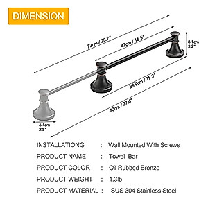 BESy Adjustable Bronze 16.5 to 28.7 Inch Bath Towel Bar Rack for Bathroom Towel Holder, Wall Mounted Towel Bar Rod Hanger Bathroom Hardware Accessories Hotel Style, Stainless Steel, Oil Rubbed Bronze