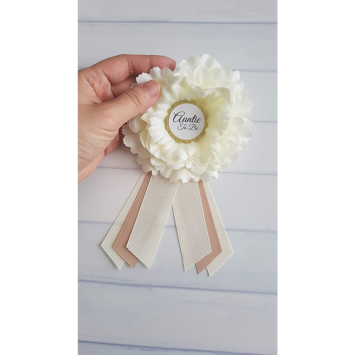 Mom To Be Sash and Dad To Be Pin By LMC | Baby Shower Belly Sash and Corsage | USA Handmade | Heat Sealed Ends | Ivory and Beige (Auntie to be pin)