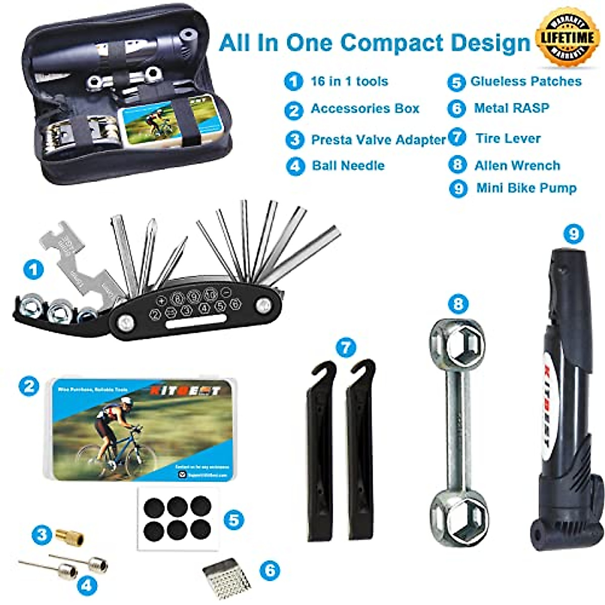 Bike Repair Bag, Bicycle Tire Pump, Tire Puncture Repair Kit, Bike Multi Tool Set, Maintain Bike Repair Tool Kit Portable Bike Bag. Safety Emergency All in One Bike Tool for Camping Travel