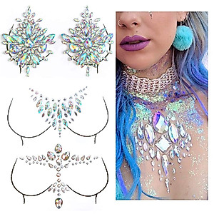 Breast Jewels Tattoo Rhinestone Chest Sticker Temporary Tattoo Glitter Breast Body Gems Tattoo Sticker Body Art Decor Jewel Paste for Festival Makeup(3 Sets)