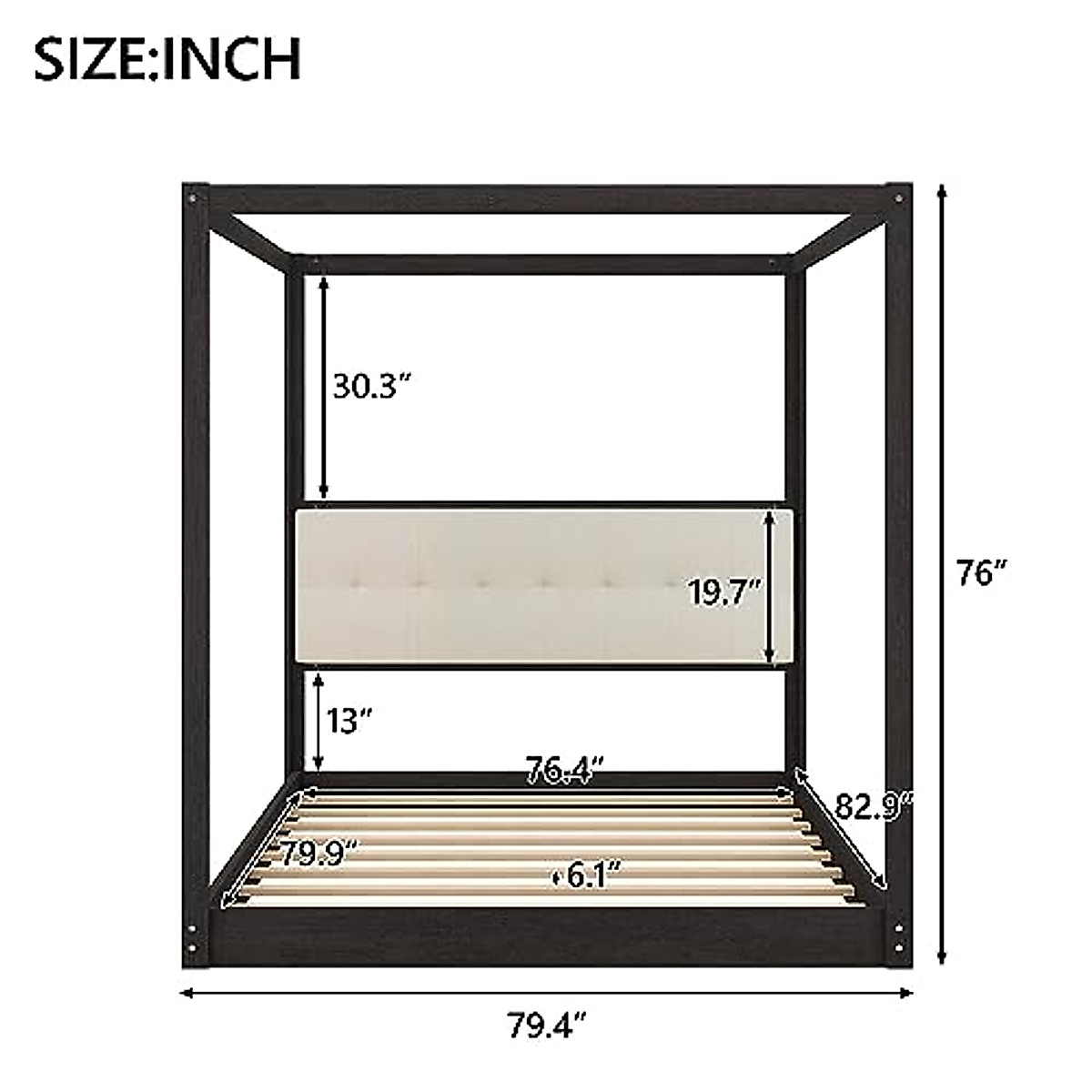 DOLPRNE Modern King Size Wooden Canopy Platform Bed with Upholstered Headboard,Multiple Choice for Kids Teen Adults Bedroom,Box Spring Not Required,Espresso