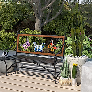 39.7" Outdoor Bench, Garden Bench, Patio Bench with Armrest, Slatted Seat and Butterfly Pattern Backrest for Outside, Front Porch, Park, Lawn, Backyard and Balcony, Cast Iron Metal Frame, Black