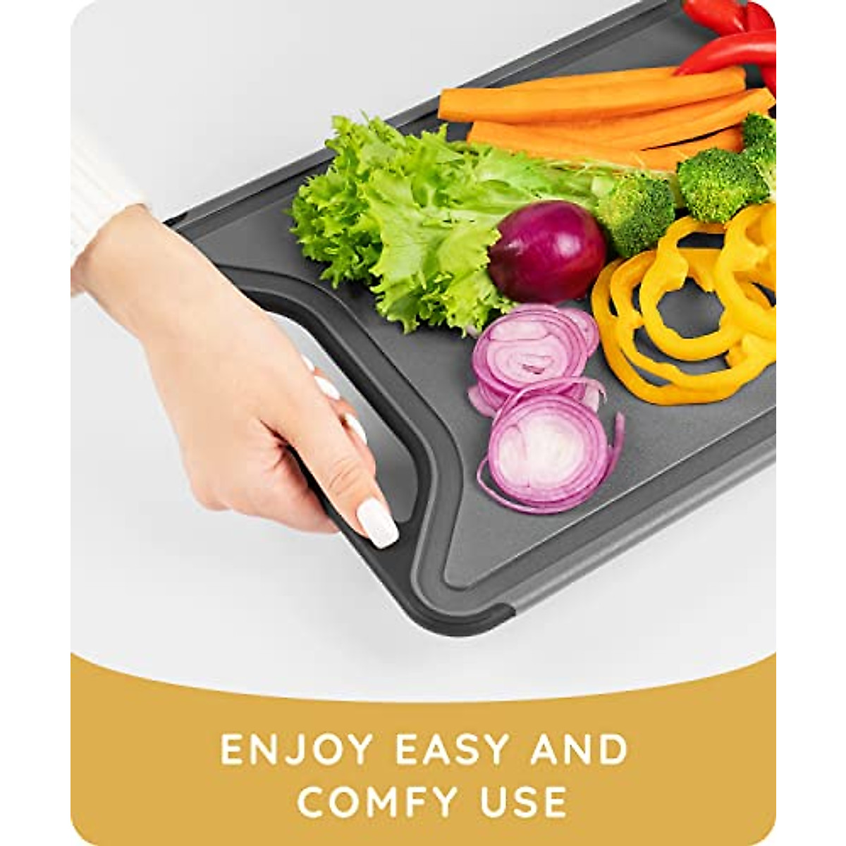 Cutting Boards for Kitchen - Plastic Cutting Board Set of 3, Dishwasher Safe Cutting Boards with Juice Grooves, Thick Chopping Boards for Meat, Veggies, Fruits, Easy Grip Handle, Non-Slip (Black/Gray)