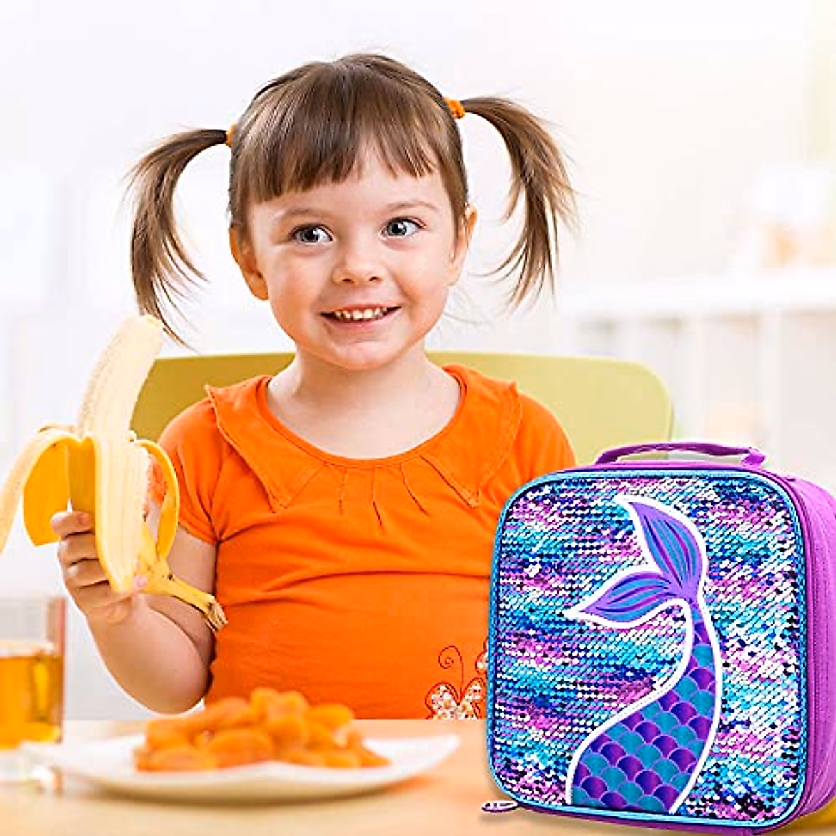 AGSDON 3PCS Kids Backpacks for Girls, 16" Little Kid Mermaid Sequin Preschool School Bookbag and Lunch Box