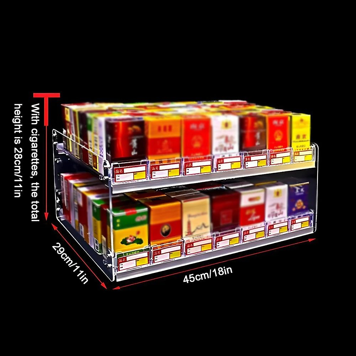 Cigarette Display Rack Shelf, Acrylic Rectangular Countertop/Wall Mounted Cigarette Display Box, Auto Cigarette Pusher Pushers, Easy to Install, for Stores Sale Counter(Size:45x29x28cm/18x11x11in)