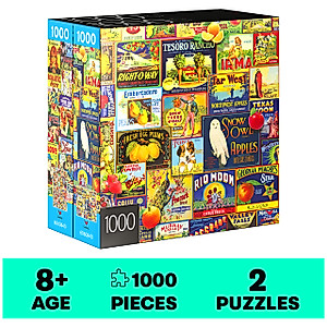 2-Pack of 1000-Piece Jigsaw Puzzles, Retro Comics and Fruit Labels, Puzzles for Adults and Kids Ages 8+, Amazon Exclusive