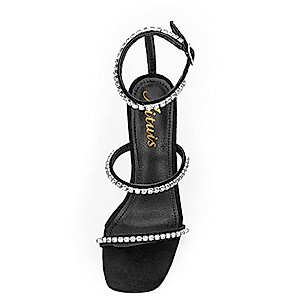 Aituis Women's Bling Rhinestone Heel Sandals Glitter Square Open Toe with Diamond Strap, Ankle Strap Sparkly Stiletto Dressy Sexy Summer High Heeled Shoes for Ladies Girls Party Club Silver, Black