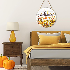 Thanksgiving Floral Door Sign Decor Hello Fall Front Door Sign Thanksgiving Floral Welcome Hanging Plaque Rustic Autumn Round Hanging Sign for Outdoor Porch Home Decoration