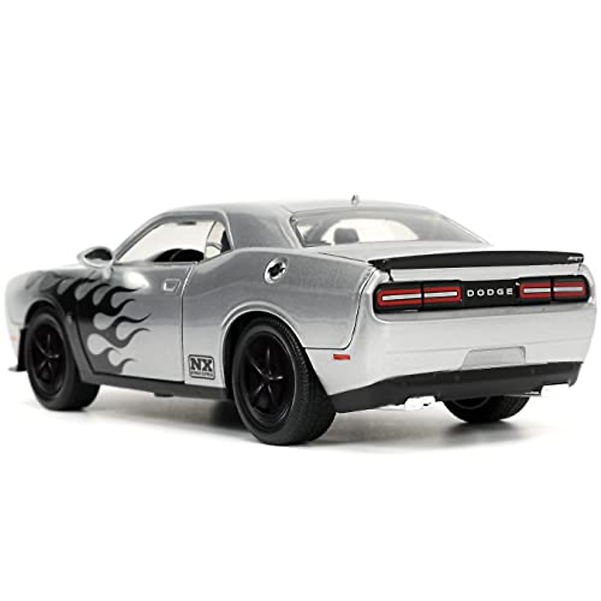 Jada Toys Big Time Muscle 1:24 2015 Dodge Challenger SRT Hellcat Die-cast Car Silver/Black Flames, Toys for Kids and Adults