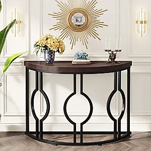 Tribesigns Half Moon Console Table for Entryway, 43 Inch Industrial Semi Circle Sofa Table with Geometric Base, Wood Accent Table for Living Room, Hallway, Foyer, Entrance, Rustic Brown
