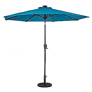 Sun-Ray 811022T 9' Round 8-Rib Solar Lighted Patio Umbrella, 32 LED Lights, Crank and Tilt, Aluminum Frame, Teal