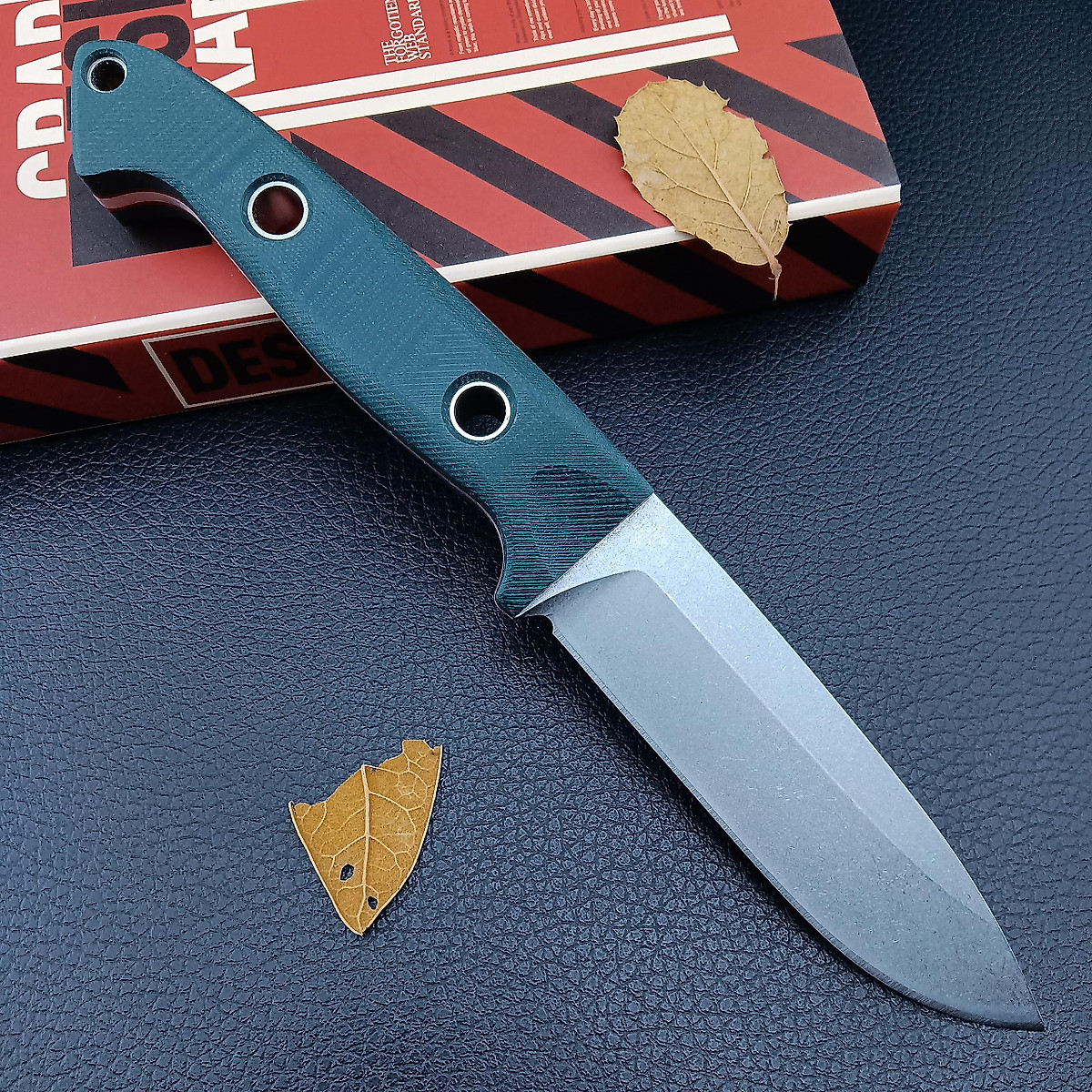 Buschcrafter 162 fixed blade tactical knives 4.43" D2 Satin Blade Outdoor Knife with Green G10 Handle Leather Sheath