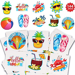 Patelai 144 Pieces Kids Summer Party Tattoos Beach Hawaiian Luau Themed Waterproof Temporary Tattoos, 9 Styles