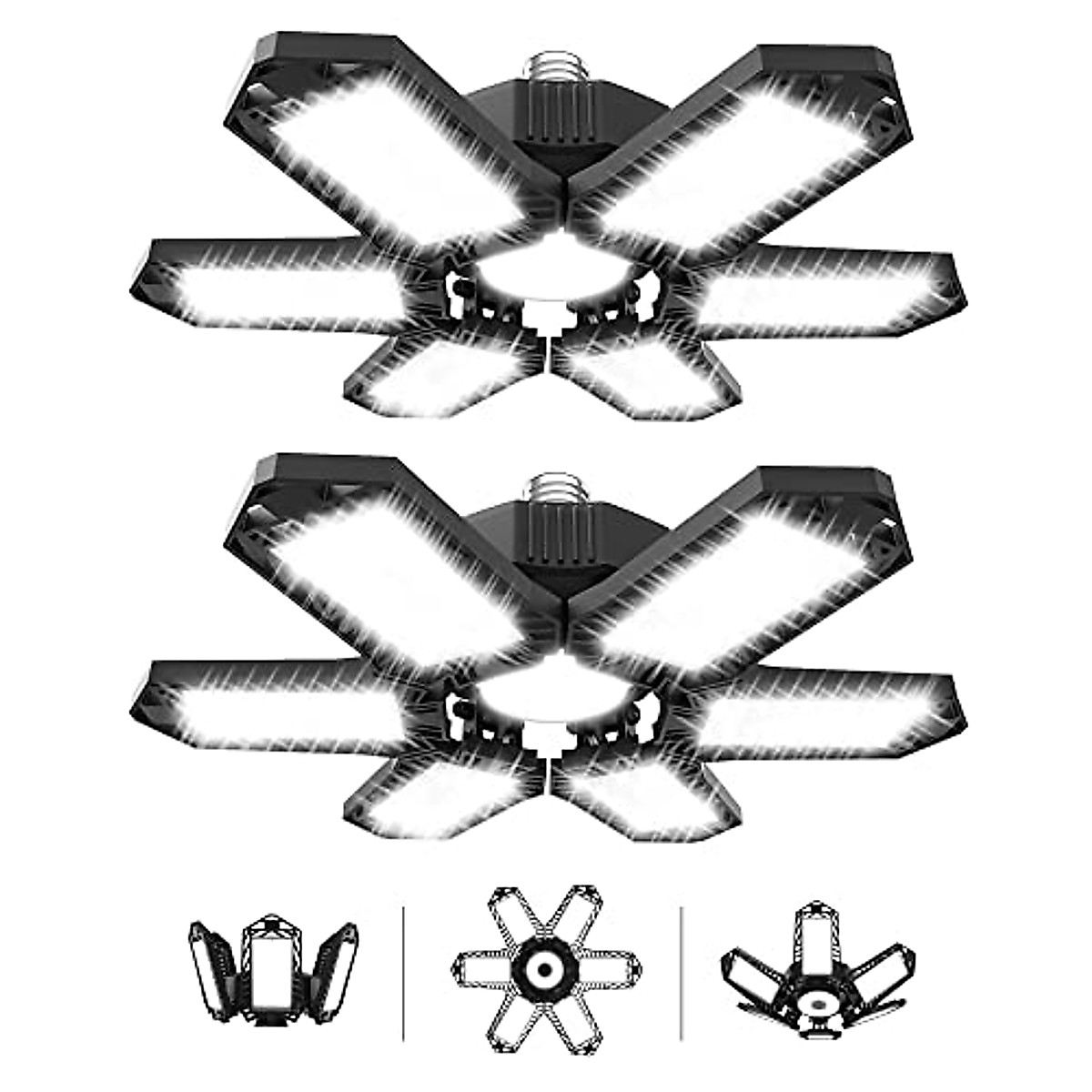 Grarg 2 Pack 185W LED Garage Lights, 18500LM 6500K Deformable Garage Ceiling Light with 6 Adjustable Panels, Super Bright Garage Light Compatible with E26/E27 Socket for Basement, Warehouse, etc