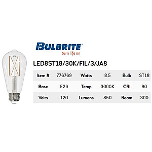 Bulbrite (10-Pack) Item 776769 LED Filament Light Bulb, 8.5 Watt, Clear Finish, Bulb Type ST18, Base E26, Soft White Light 3000K, 850 Lumens, CRI 90, Ideal for Decorative Lighting