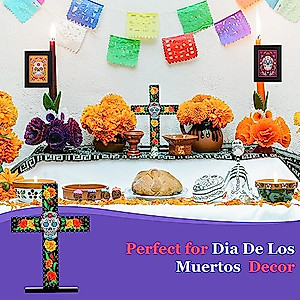 Thyle Table Wooden Cross Decor Mexican Cross for Home Tables Standing Cross Dia De Los Muertos Sugar Skull Signs for Day of the Dead Home Church Party Decoration