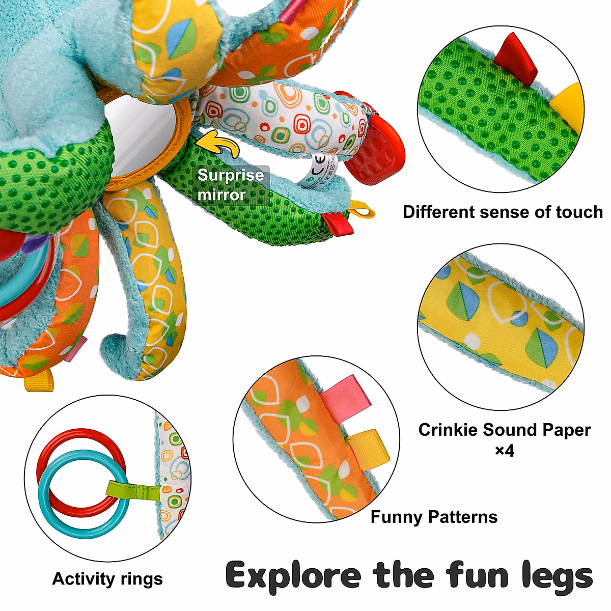 Sumobaby Infant Baby Musical Stuffed Animal Activity Soft Toys, Baby Teething Toys with Multi-Sensory Crinkle, Rattle and Mirror, for Tummy Time Newborn 0-3-6-12 Months Boys, Girls, Octopus, Blue