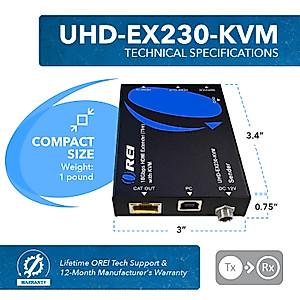 OREI KVM 4K HDMI Over Ethernet Extender Balun Over CAT6/7 Cable 4K@60Hz Upto 230 Feet - 2 USB 1.1 Ports, Supports Keyboard and Mouse USB HDMI Loop Out, Power Over Cable
