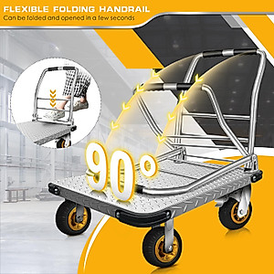 Platform Truck Flatbed Cart Heavy Duty Steel Foldable Push Cart Dolly with 2000Lbs Capacity and Bungee Cords,36 x 24 Large Flatbed Platform Cart with Brake and 6" 360 Degree Swivel Wheels for Moving