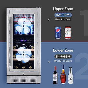 WINEBOSS 15 Inch Wine and Beverage Refrigerator, 13 Bottle & 48 Cans Dual Zone Built-in Under Counter Cooler Freestanding Cellars Fridge with Upgrade Compressor Tempered Glass Door Lock, Small Chiller