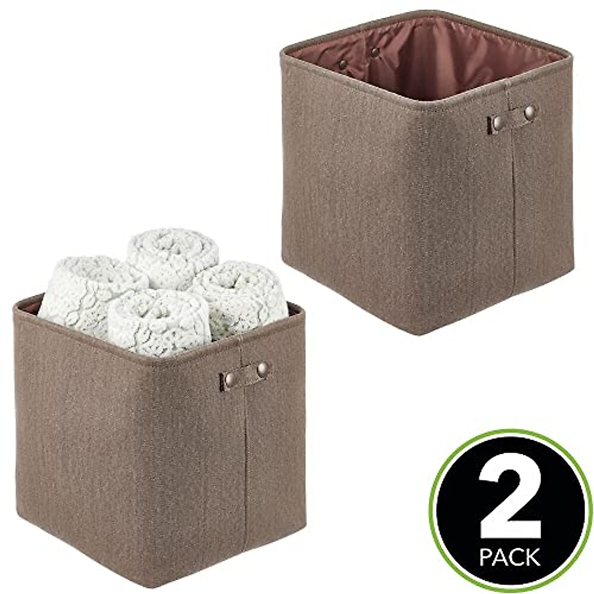 mDesign Soft Cotton Fabric Bathroom Storage Bin with Handles - Organizer for Towels, Toilet Paper Rolls - for Closets, Cabinets, Shelves - Textured Weave, 2 Pack - Espresso Brown